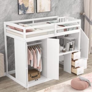 bovza twin size loft bed with stairs and wardrobe, wooden twin loft bed frame with desk and storage drawers and cabinet in 1 for kids girls boys teens, white