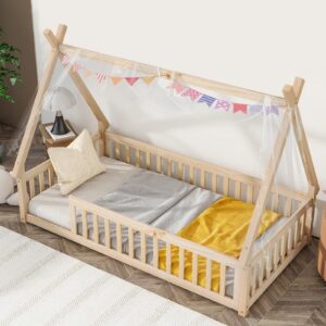 tatub twin montessori floor bed frame with railings and roof, montessori house bed for kids, wood tent floor bed, montessori teepee bed for girls and boys, nature