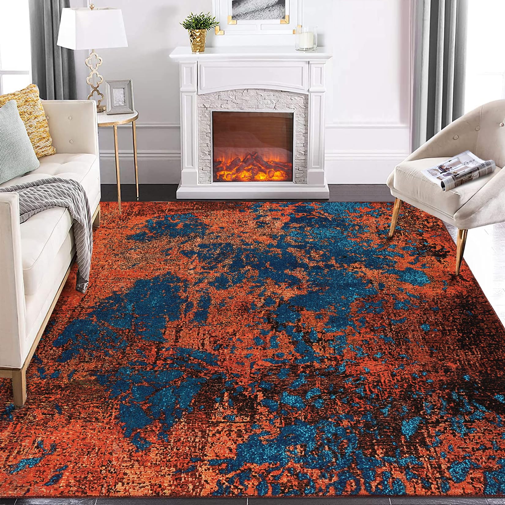 IMINROME Machine Washable Area Rug 5x7 Modern Abstract Area Rug for Living Room Bedroom Contemporary Non-Slip Stain Resistant Accent Rug Carpet for Dining Room Floor Decoration, Blue/Red