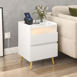 Nightstand with Charging Station, Bedside Table with USB & Type-C Port, Modern End Table with 2 Drawers for Bedroom Furniture, White