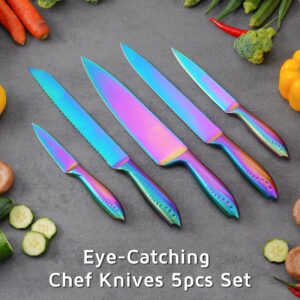 WELLSTAR Kitchen Knife Set 5 Piece, Razor Sharp German High Carbon Stainless Steel Blade, Chef Bread Carving Utility Paring Knives for Culinary Chopping Cutting Slicing and Peeling - Rainbow