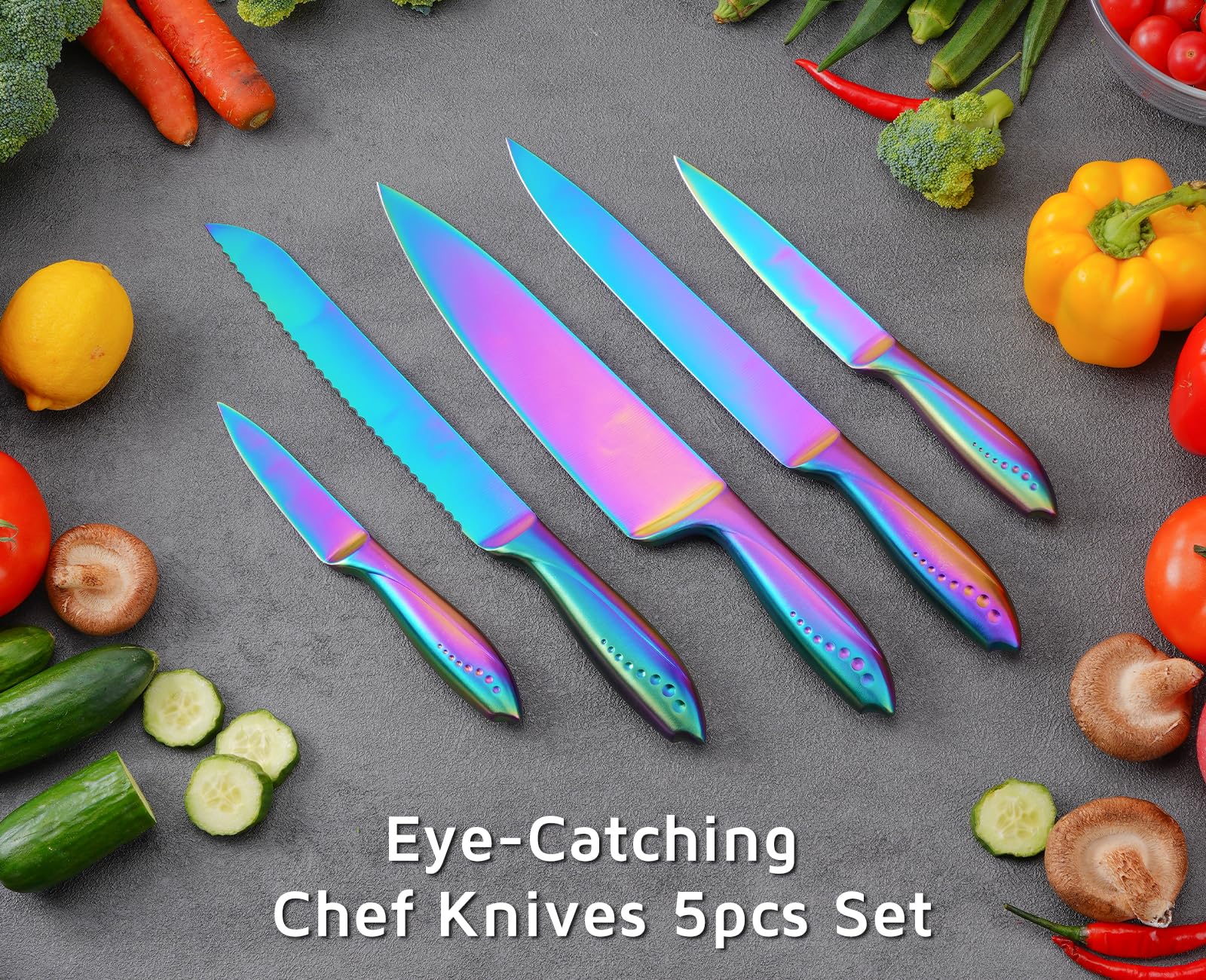 WELLSTAR Kitchen Knife Set 5 Piece, Razor Sharp German High Carbon Stainless Steel Blade, Chef Bread Carving Utility Paring Knives for Culinary Chopping Cutting Slicing and Peeling - Rainbow