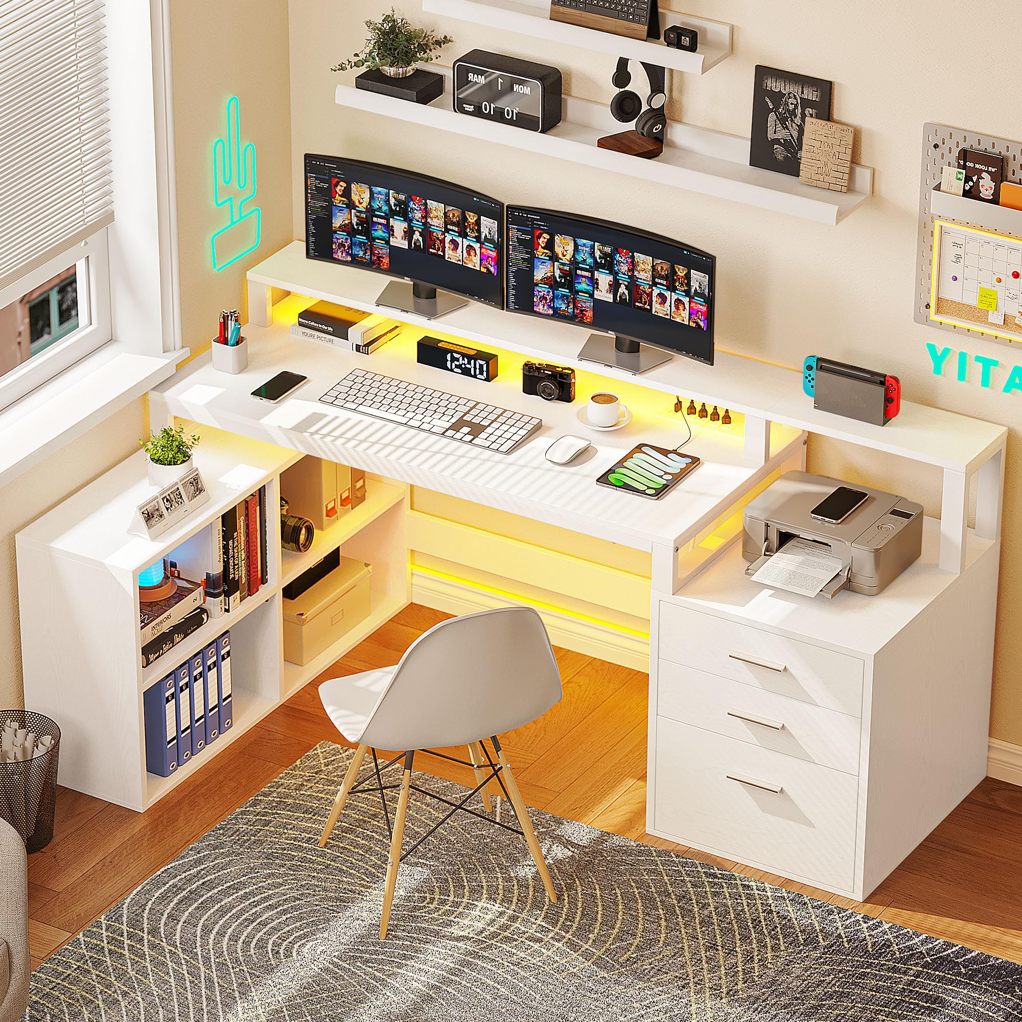 YITAHOME L Shaped Desk with 3 Drawers, 65" Corner Computer Desk with Power Outlets & LED Lights, L-Shaped Desk with File Cabinet & Printer Stand for Home Office, White