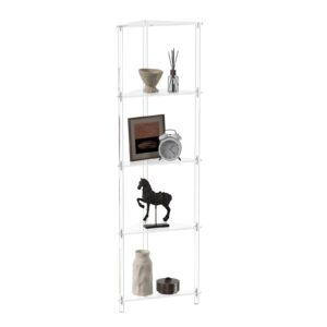 elgaf acrylic 5-tier corner shelf stand - 11.7'' w corner display shelves storage shelf for collectibles, plants, books, 11.7’’ d x 11.7'' w x 53.3'' h, triangle, clear