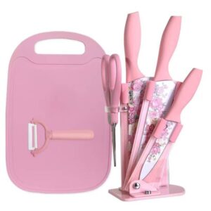 stainless steel pink floral knife set with potato peeler & cutting board - 6 piece pink kitchen knife set (pink)