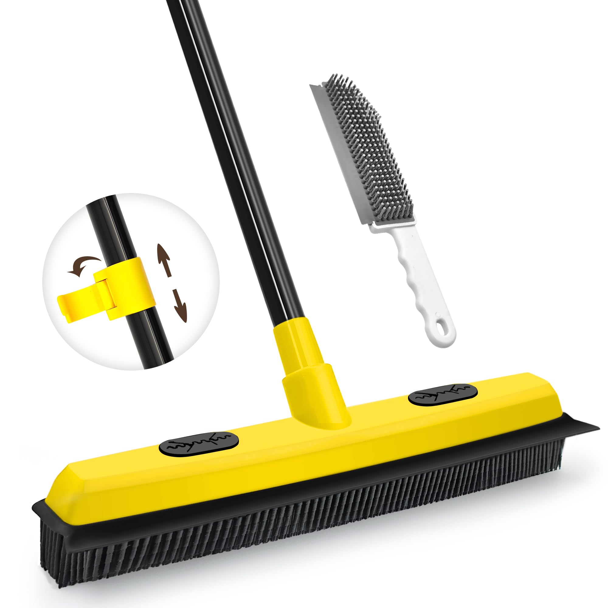 JEHONN Rubber Broom with Squeegee, Pet Hair Remover 52.8 inches Long Handle, Push Fur Removal Tool with Portable Detailing Lint Brush for Fluff Carpet, Window, Tile, Hardwood Floor Cleaning (Yellow)