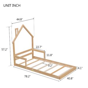 Harper & Bright Designs Twin Size Floor Bed with House-Shaped Headboard, Twin Kids Bed Frame with Solid Wood Slats,Twin Floor Bed Frame for Girls Boys,No Box Spring Needed,Natural