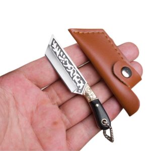 szhoworld ultra small fixed blade knife, 1.5 inch 5cr15 stainless steel blade with brass+colored wood handle, mini straight knife/box cutter with leather sheath for edc collection gift (black)