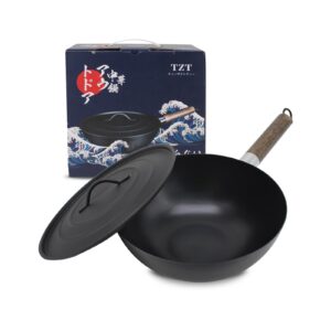 non-stick cast iron wok small wok pan with iron lid wodden handle suitable for all stoves, 9" mini wok