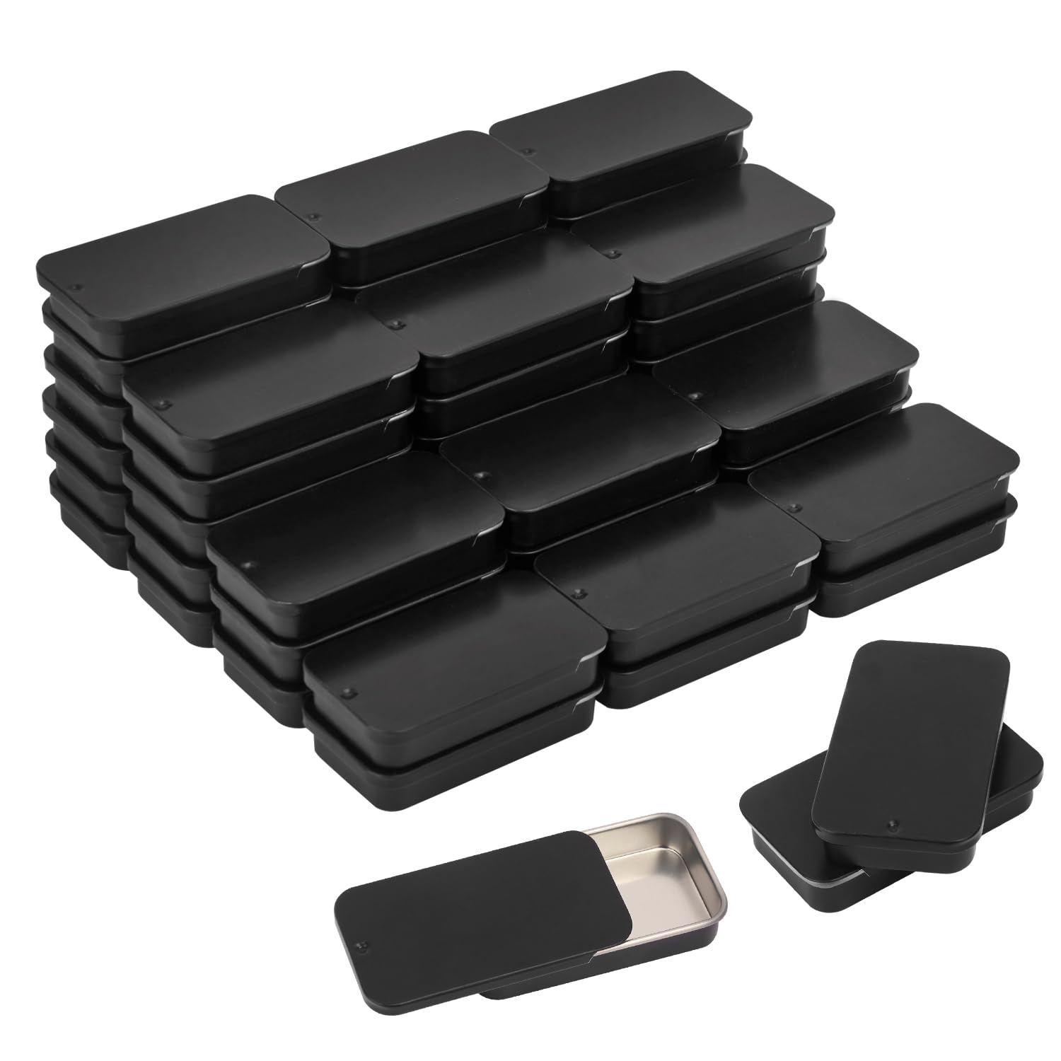 GENHAKON 50 PCS 2.36X1.3X0.43 Inch, Slide Top Tin Containers, Tin Box Container, Storage Boxes with Lid for Small Items, Such as Candy, USB Cable, Pills, Earring, Jewelry Craft, Etc