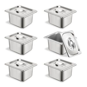 6 set stainless steel hotel pans 1/6 size 4 inch deep with lids, anti-jam chafing steam table pans, catering food storage metal pan