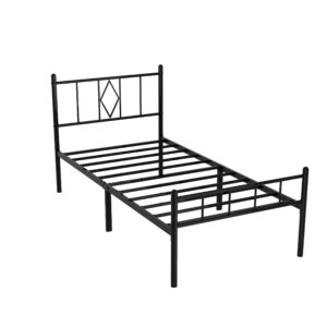 casaflair twin size 14" height classic metal platform bed frame foundation with iron-art headboard/footboard/under bed storage/no box spring needed/heavy duty metal slats support/black