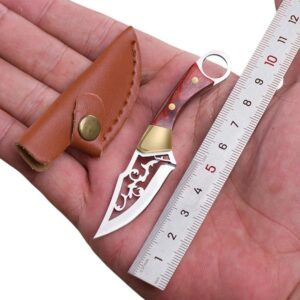 szhoworld ultra small fixed blade knife, 1.57 inch 5cr15 steel laser cutting hollow blade with brass+colored wood handle, mini knife/box cutter with leather sheath for edc use (red brown)