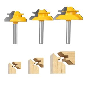 toever 1/4 inch shank router bit，45 degree lock miter router bit , for 31/64", 37/64",3/4" cutting height,3-piece joint router bits, wood milling cutter glue joint tools set(3pcs 1/4 shank)