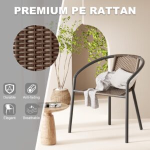 TANGJEAMER 4 Pack Patio Stackable Rattan Chairs, Indoor-Outdoor Restaurant Wicker Dining All-Weather Armchair Stack Chair, Brown