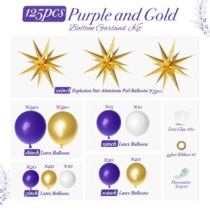 FOTIOMRG Purple and Gold Balloons Garland Arch kit with 3pcs Star Balloon, Metallic Gold Dark Purple White Balloons for Wedding Birthday Baby Shower Anniversary 2024 Graduation Party Decorations