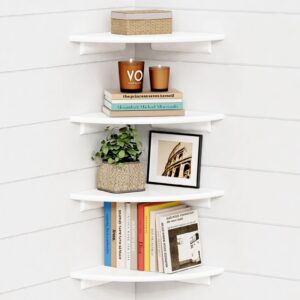 forbena corner white floating book shelves for wall set of 4, wood nursery corner bookshelf for kids bedroom, large modern round wall bookshelves for living room decor, indoor plants, bathroom