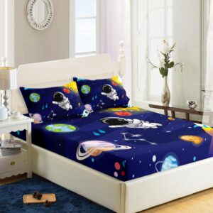 AILONEN Cartoon Astronaut Fitted Sheet Twin Size, Cute Astronaut with Rockets Bedding Set for Kids Boys,Outer Space Explorer Theme Bed Sheet Set,1 Fitted Sheet 2 Pillowcases,3 PCS