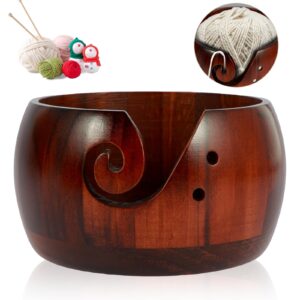 wooden yarn bowl, handmade knitting bowl wool holder, round crochet bowl holder with holes, pine knitting yarn bowls wooden weaving thread bowl, for diy knitting 5.9x5.9x3inch (without lid)