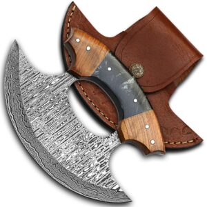 shanzay knives sk damascus ulu knife with leather sheath,6" pizza cutter with wooden handle for stable grip,alaskan ulu knife used for multi-purpose and gifting its promise to make you happy!