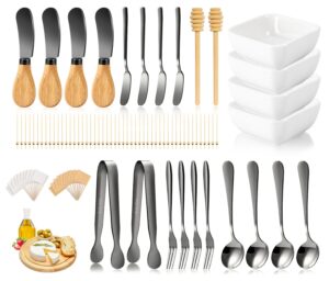 charcuterie board accessories with 3 oz ceramic dip bowls, wooden handle black cheese spreader butter knive set kit, mini tongs, spoons, forks,honey dipper, cocktail picks