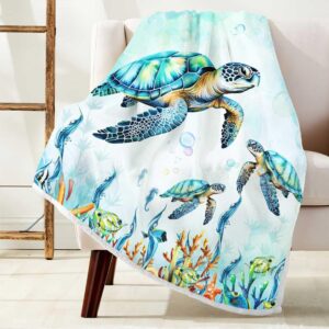 turtle blanket sea animal starfish throw blanket kids blankets throws sea turtle gifts for women boys girls aqua teal blue super soft cozy flannel throw blanket for couch sofa bed 50"x 60"