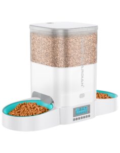 honeyguaridan automatic cat feeder for two cats,3.5l cat food dispenser with slow feeder bowl,timed cat feeder programmable 1-6 meals control, dual power supply,10s meal call white