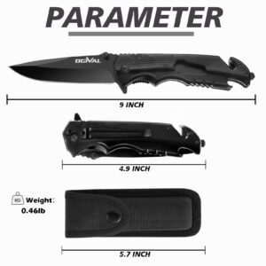 OGIVAL Pocket Knife，4inch Folding Knife with Nylon Sheath and Pocket Clip, Bottle Opener, Glass Breaker, Seatbelt Cutter and Wrench, Black