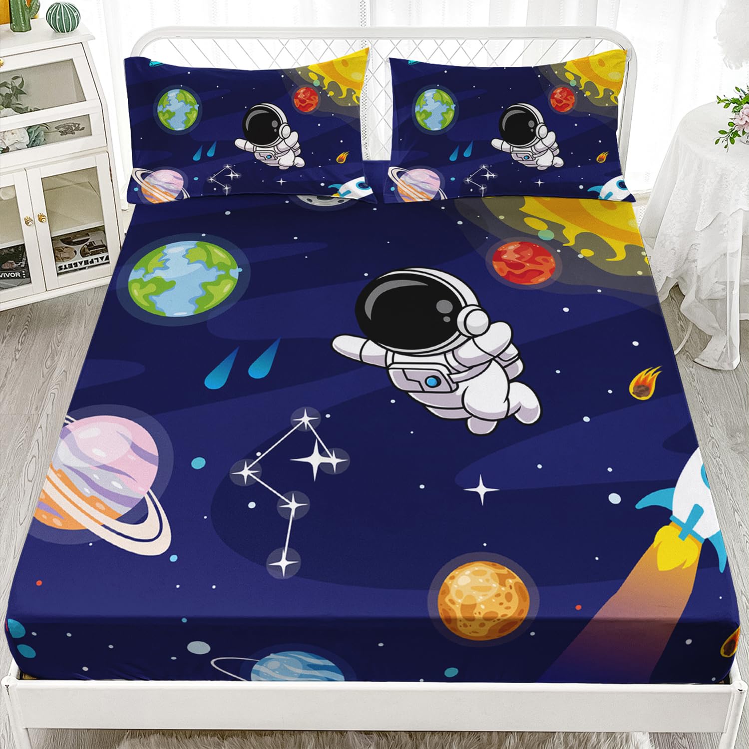 AILONEN Cartoon Astronaut Fitted Sheet Twin Size, Cute Astronaut with Rockets Bedding Set for Kids Boys,Outer Space Explorer Theme Bed Sheet Set,1 Fitted Sheet 2 Pillowcases,3 PCS