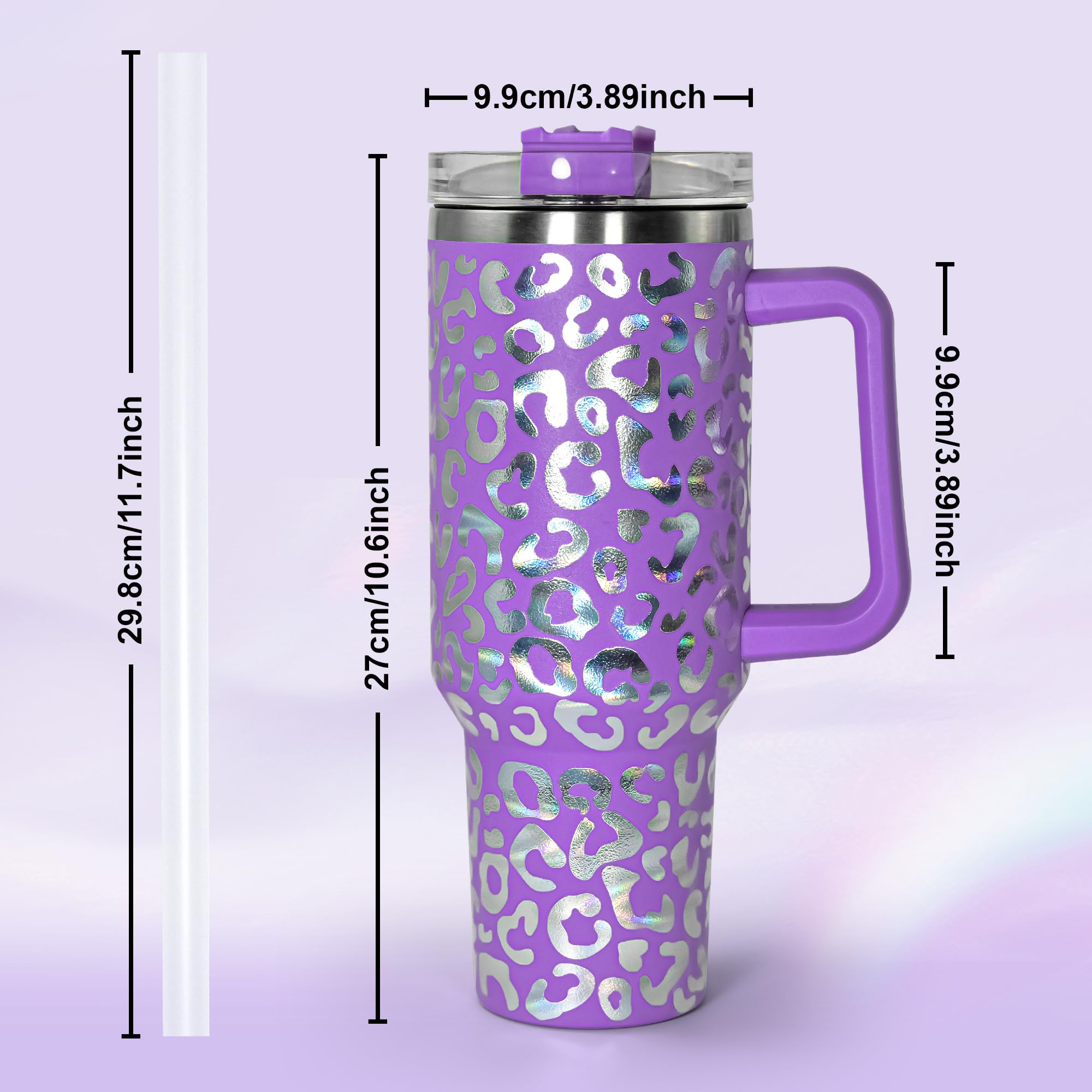 sweet grain 40 oz Tumbler with Handle and Straw, Stainless Steel Purple Leopard Print Tumbler with Handle, Double Vacuum Leopard Cup, Keeps Drinks Cold Up to 24 Hours