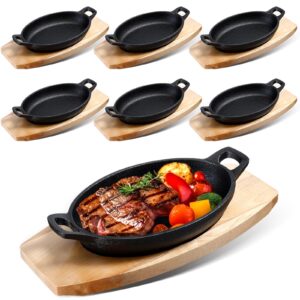 mifoci 6 sets mini cast iron skillets,oval fajita plates with wooden base dish tray serving sizzling plate for baking roasting cooking grilling appetizer (8.5x6.1x1.7 in)