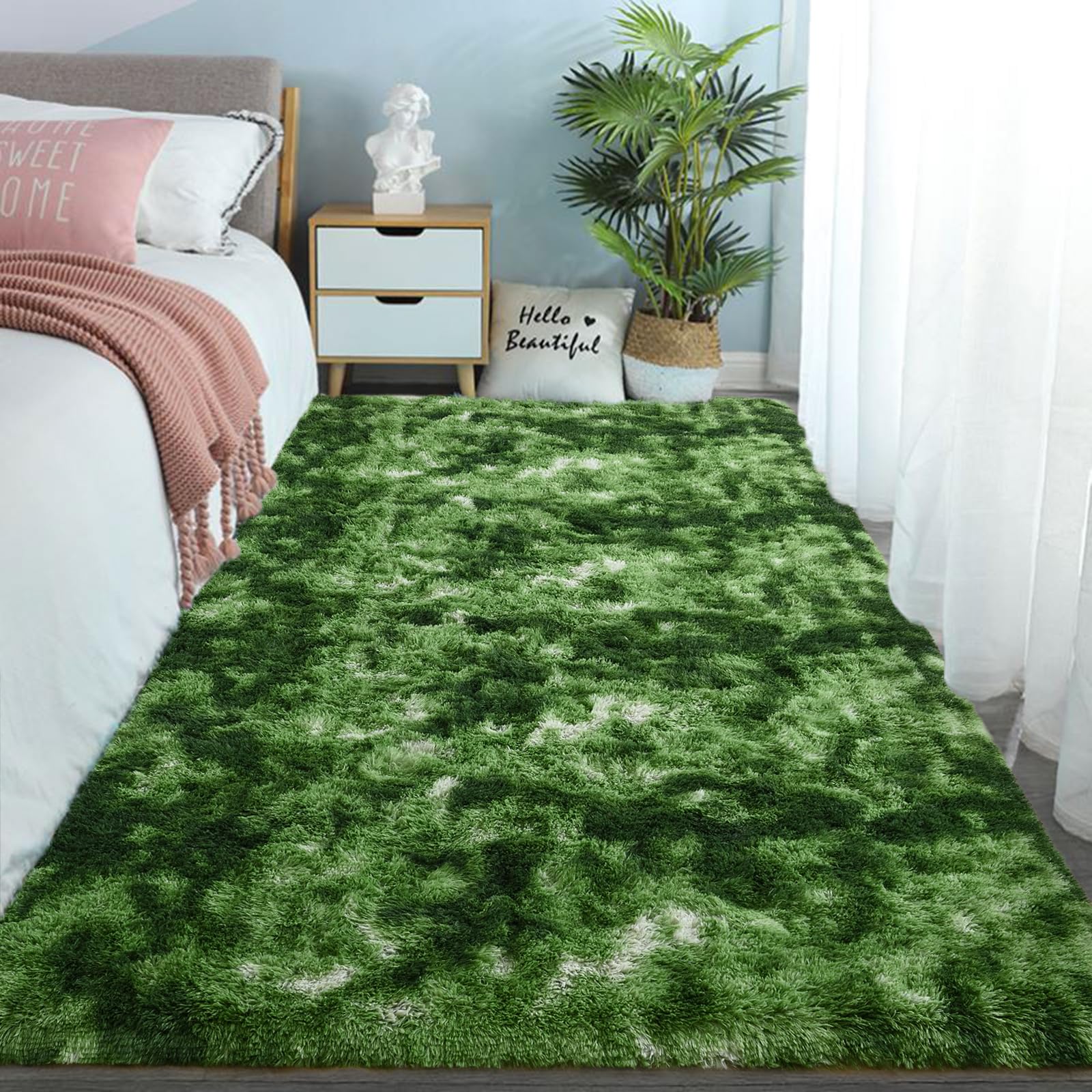 DweIke Fluffy Modern Area Rugs for Living Room Bedroom, 3x5 ft Plush High Pile Dark Green Rug for Kids Girls Room Nursery Home Decor, Upgrade Non-Slip Girls Bedroom Soft Indoor Rug, Dark Green