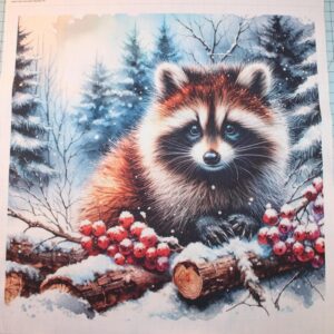 Fabric Panel 14"X14" Winter Raccoon 100% Cotton Quilting Panel Square AM317