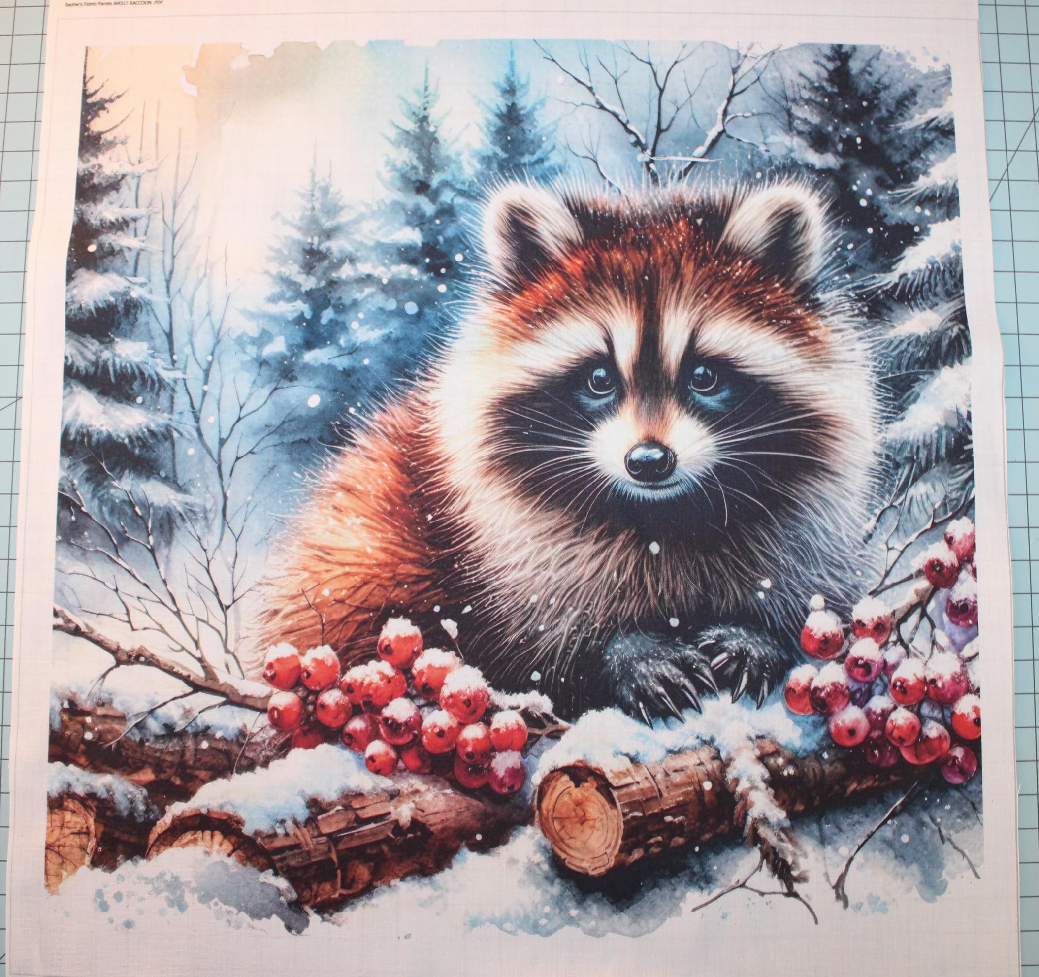 Fabric Panel 14"X14" Winter Raccoon 100% Cotton Quilting Panel Square AM317