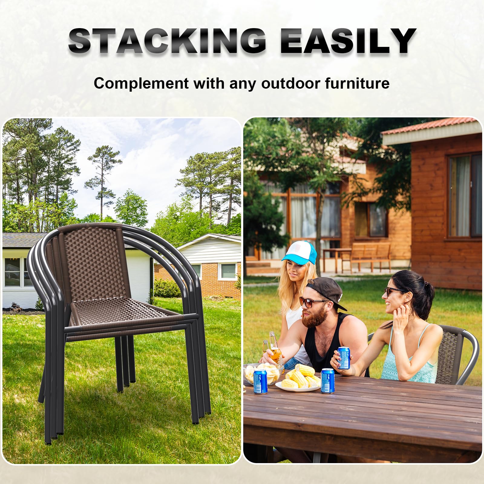 TANGJEAMER 4 Pack Patio Stackable Rattan Chairs, Indoor-Outdoor Restaurant Wicker Dining All-Weather Armchair Stack Chair, Brown