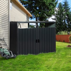 outdoor garbage bin metal storage shed with lockable individually opening doors, padlock latch, lifting lids, for 2 trash cans, for garden yard lawn, black