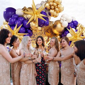 FOTIOMRG Purple and Gold Balloons Garland Arch kit with 3pcs Star Balloon, Metallic Gold Dark Purple White Balloons for Wedding Birthday Baby Shower Anniversary 2024 Graduation Party Decorations