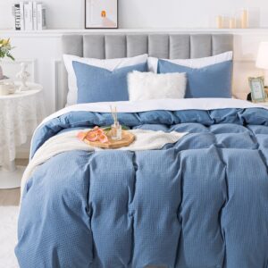 honeilife waffle weave comforter cover - cotton duvet cover sets queen size, skin friendly bedlinen set for all season use- blue