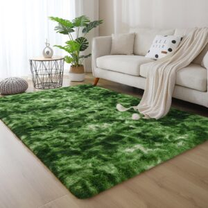 DweIke Fluffy Modern Area Rugs for Living Room Bedroom, 3x5 ft Plush High Pile Dark Green Rug for Kids Girls Room Nursery Home Decor, Upgrade Non-Slip Girls Bedroom Soft Indoor Rug, Dark Green