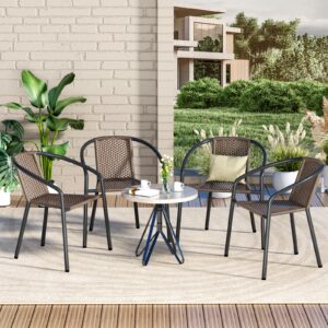 TANGJEAMER 4 Pack Patio Stackable Rattan Chairs, Indoor-Outdoor Restaurant Wicker Dining All-Weather Armchair Stack Chair, Brown