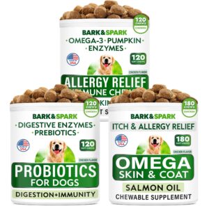 allergy relief + omega 3 + probiotics & digestive enzymes bundle - anti-itch skin & coat + joint health + pet diarrhea gas treatment - fish oil + epa & dha fatty acids - 420 chews - made in usa