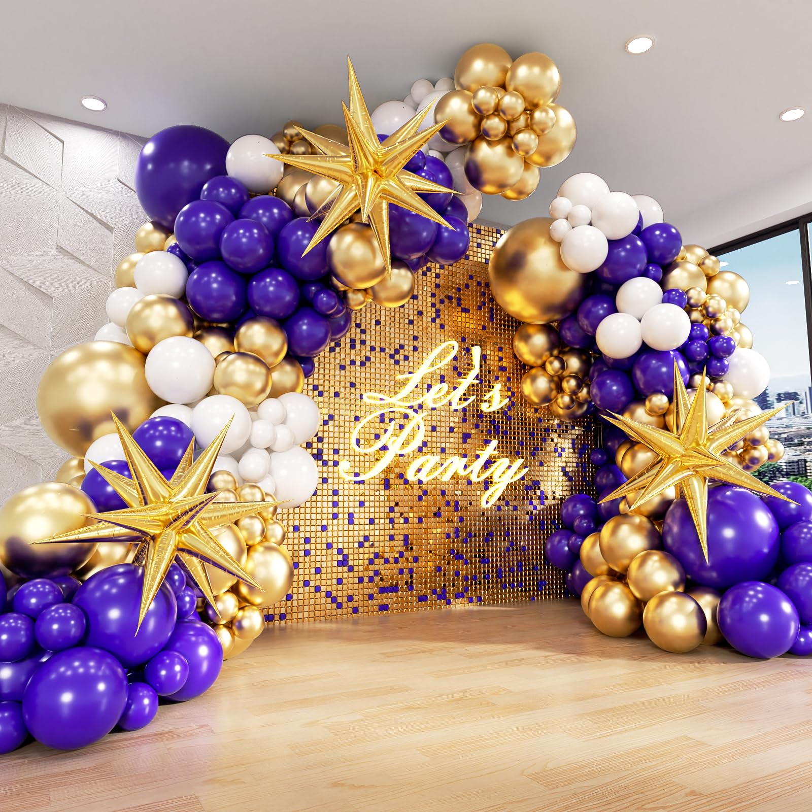 FOTIOMRG Purple and Gold Balloons Garland Arch kit with 3pcs Star Balloon, Metallic Gold Dark Purple White Balloons for Wedding Birthday Baby Shower Anniversary 2024 Graduation Party Decorations