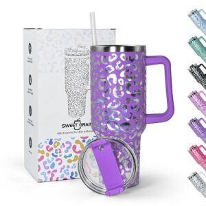 sweet grain 40 oz tumbler with handle and straw, stainless steel purple leopard print tumbler with handle, double vacuum leopard cup, keeps drinks cold up to 24 hours