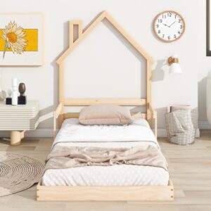 harper & bright designs twin size floor bed with house-shaped headboard, twin kids bed frame with solid wood slats,twin floor bed frame for girls boys,no box spring needed,natural