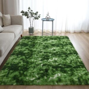 DweIke Fluffy Modern Area Rugs for Living Room Bedroom, 3x5 ft Plush High Pile Dark Green Rug for Kids Girls Room Nursery Home Decor, Upgrade Non-Slip Girls Bedroom Soft Indoor Rug, Dark Green