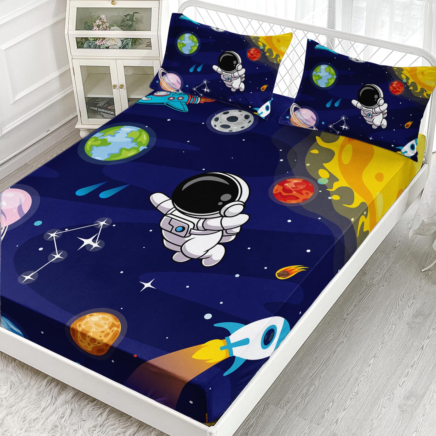 AILONEN Cartoon Astronaut Fitted Sheet Twin Size, Cute Astronaut with Rockets Bedding Set for Kids Boys,Outer Space Explorer Theme Bed Sheet Set,1 Fitted Sheet 2 Pillowcases,3 PCS