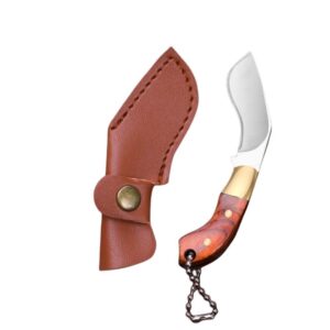 szhoworld ultra small fixed blade knife, 1.5inch 5cr15 stainless steel blade with brass+colored wood handle, mini creative knife/box cutter with leather sheath for every day carry (red brown)