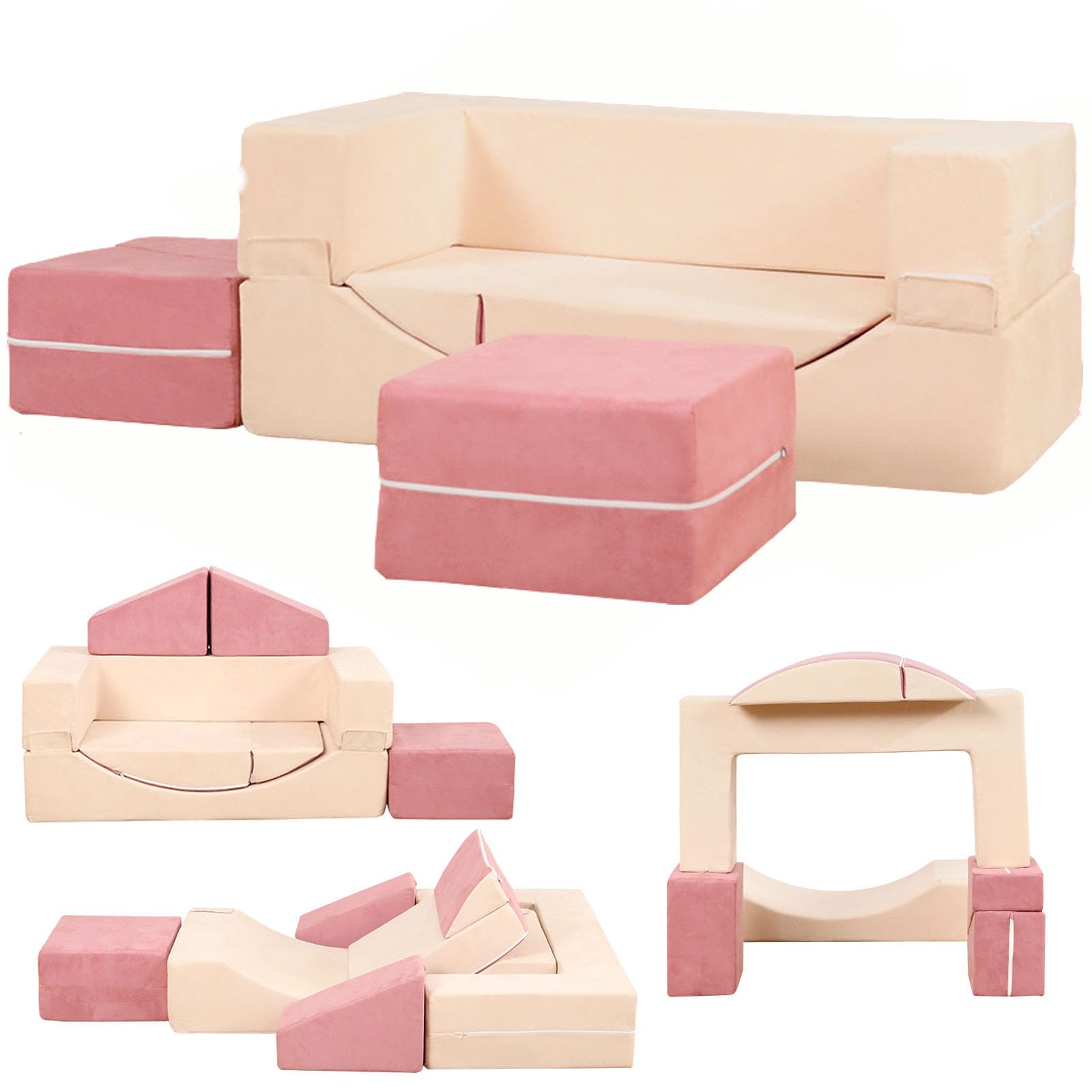 LOAOL Kids Couch Toddler Couch, Modular Kids Play Couch with Recliner, Imaginative Foam Couch Play Set for Creative Boys & Girls, Kids Couch Sofa Indoor, Kids Room Playroom Furniture, Beige & Pink