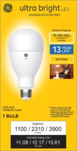 plump ge ultra bright led 3-way light bulb, 75/150/250 watt replacement, soft white, 1100/2310/3900 lumens, exceptionally bright, portly led a23, frost finish