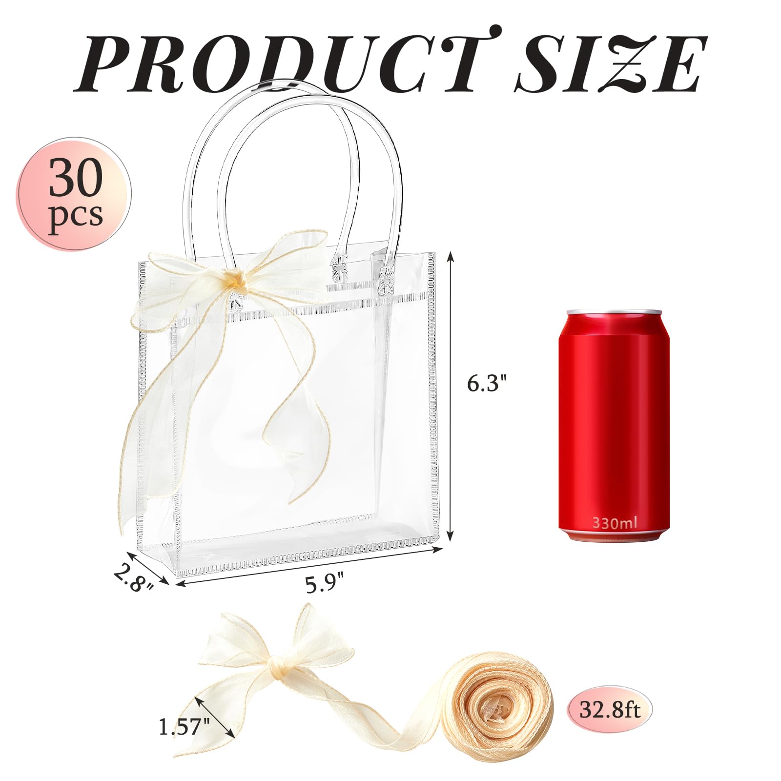 Ohuimrt 30 PCS Clear Plastic Gift Bags with Handles, Reusable Party Favor Bags with Ribbon Transparent Gift Wrap Bags Bulk for Weddings Birthdays, 5.9 x 6.3 x 2.8 Inches